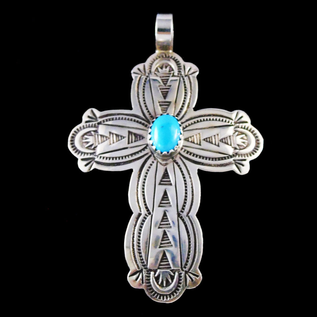 Turquoise Silver Cross w Stamp Work | Joe Wilcox Indian Den