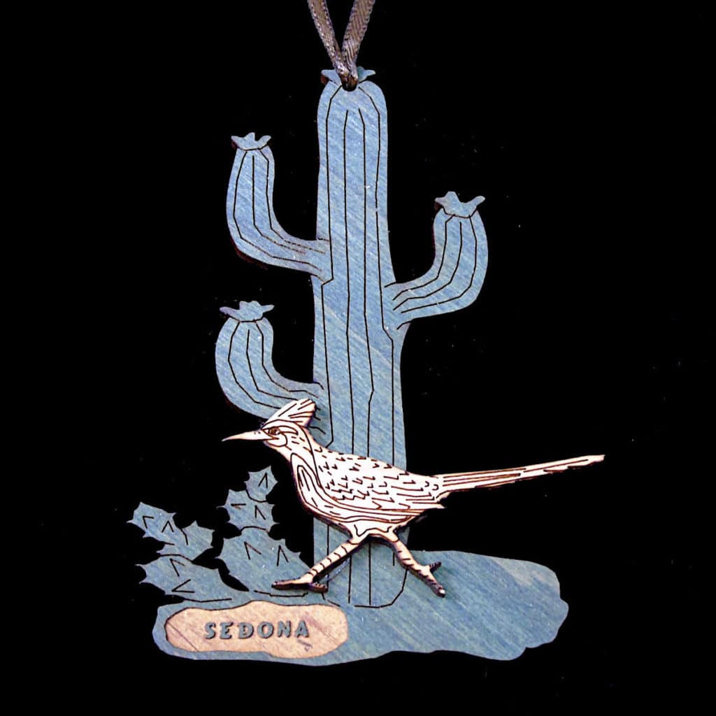 Roadrunner & Saguaro Wood Ornament | Joe Wilcox Indian Den