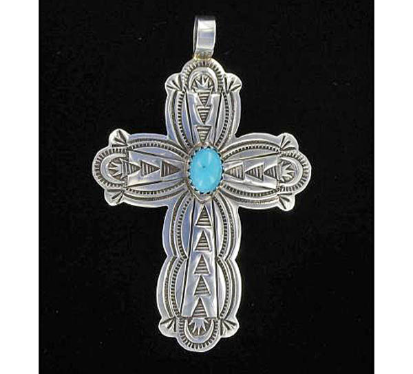 Turquoise Silver Cross w Stamp Work | Joe Wilcox Indian Den