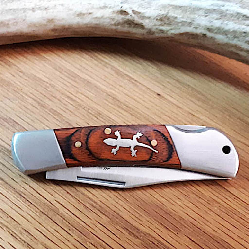 Inlaid Gecko Lock Back Wood Knife | Joe Wilcox Indian Den