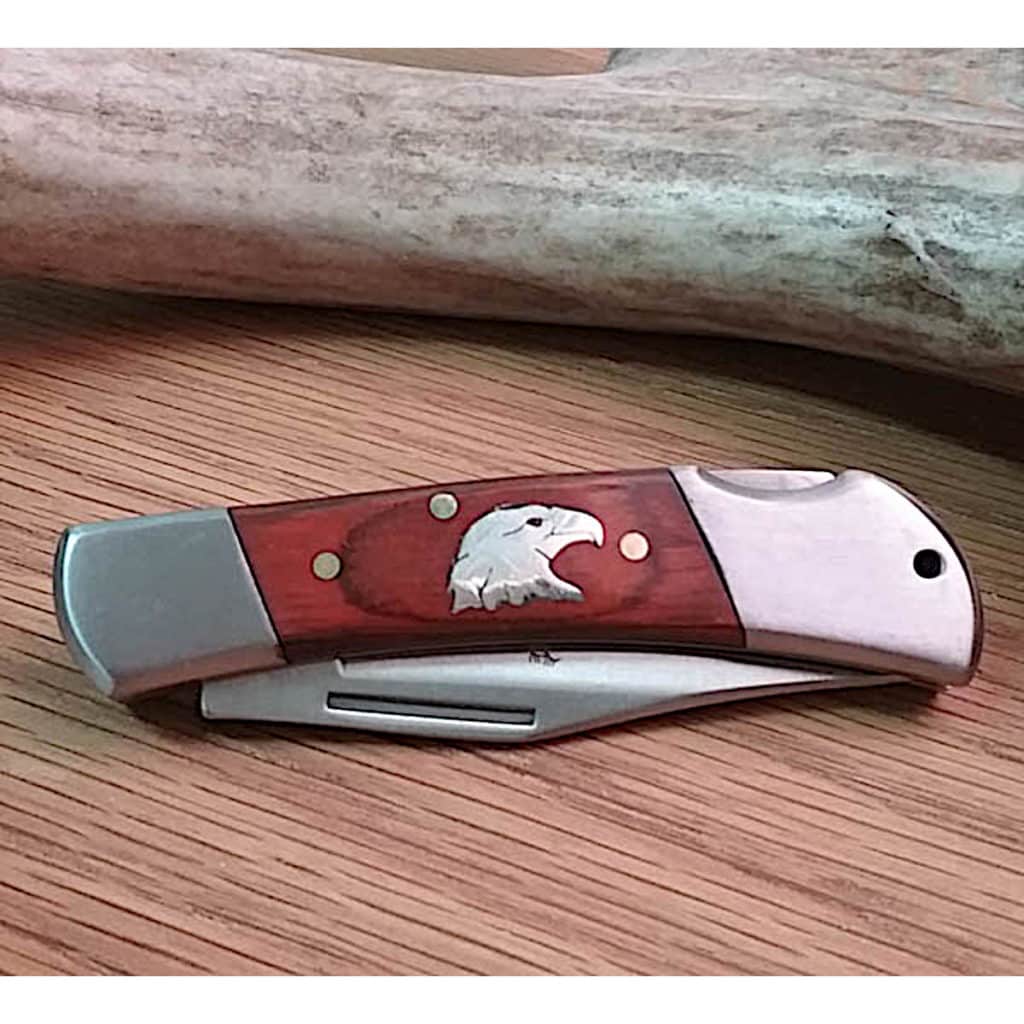 Inlaid Eagle Head Lock Back Wood Knife Joe Wilcox Indian Den
