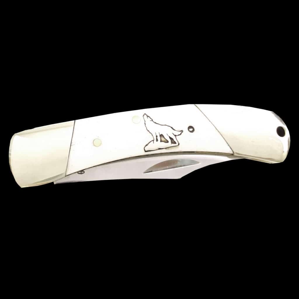 Bone Inlaid Silver Wolf Pocket Knife | Joe Wilcox Indian Den