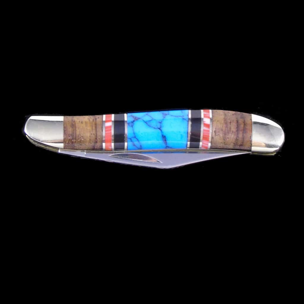 Turquoise Inlay Knife with Onyx and Coral Bands