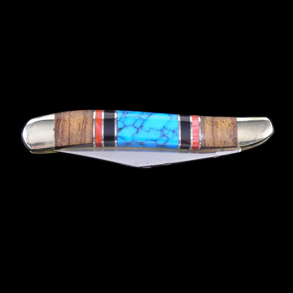 Turquoise Inlay Knife with Onyx and Coral Bands