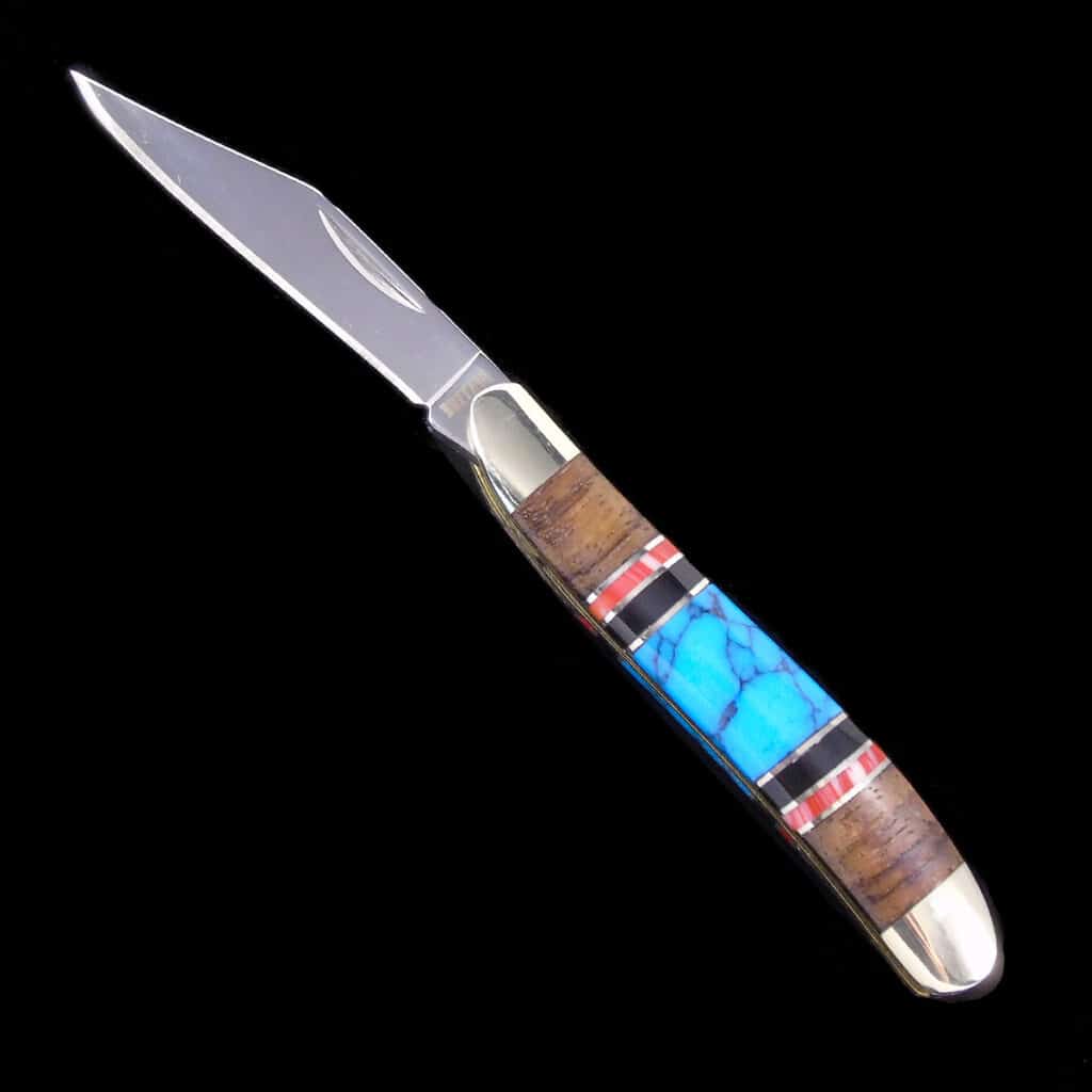 Turquoise Inlay Knife with Onyx and Coral Bands
