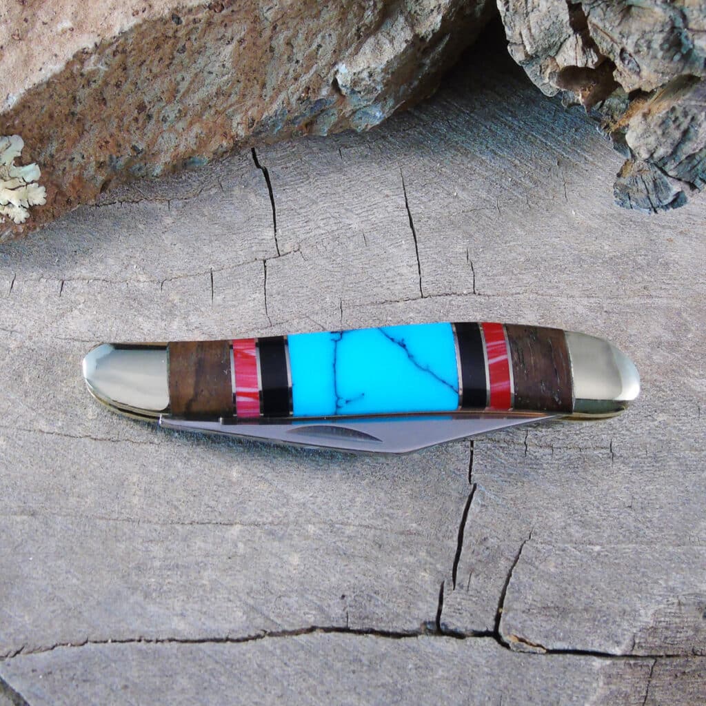 Turquoise Inlay Pocket Knife with Onyx & Coral